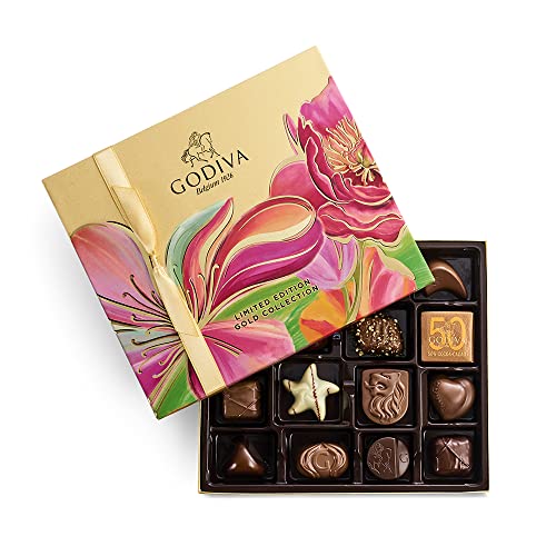 Godiva Chocolatier Gourmet Chocolate Gift Box - Assorted Dark, Milk, White, Raspberry, Caramel, and Chocolate - Elegant Spring Floral Box - 19 Pieces