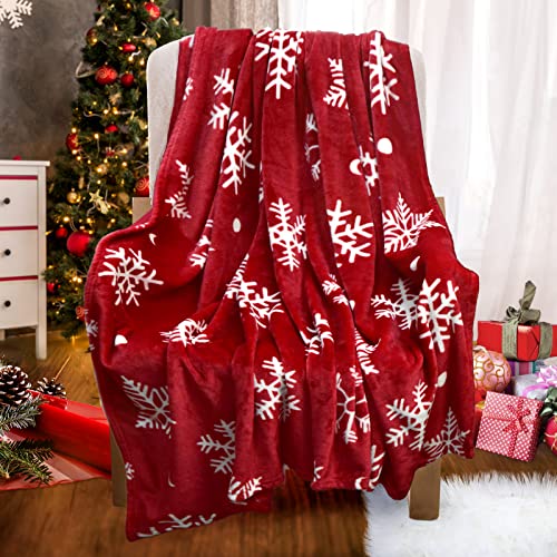 Christmas Blanket (50x60 Inches, Christmas Snowflake Blanket) Fleece Soft Red Blanket Christmas Home Décor Plush Christmas Throw Blanket Bed Throws for Winter Bedding Couch