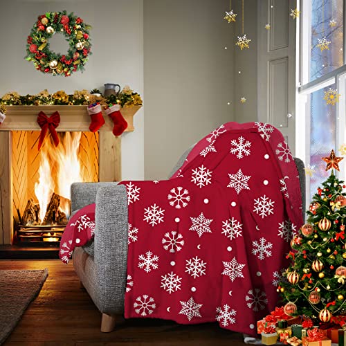 Christmas Blanket (50x60 Inches, Christmas Snowflake Blanket) Fleece Soft Red Blanket Christmas Home Décor Plush Christmas Throw Blanket Bed Throws for Winter Bedding Couch