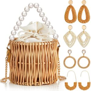 9 pcs women’s pearl straw bags rattan earrings summer beach handbags woven wicker bucket tote bag straw wicker braid hoop drop dangle bohemian earrings