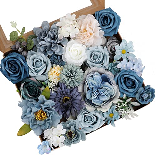 WXBOOM Artificial Flowers Combo Box Set Dusty Blue Flowers Fake Wedding Flowers Bulk for DIY Wedding Bouquets Centerpieces Arrangements Bridal Shower Table Decorations