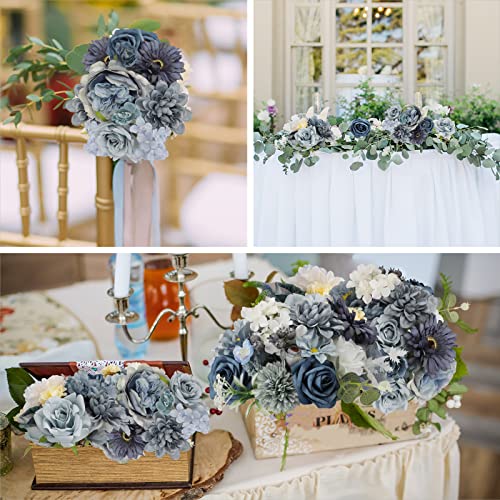 WXBOOM Artificial Flowers Combo Box Set Dusty Blue Flowers Fake Wedding Flowers Bulk for DIY Wedding Bouquets Centerpieces Arrangements Bridal Shower Table Decorations