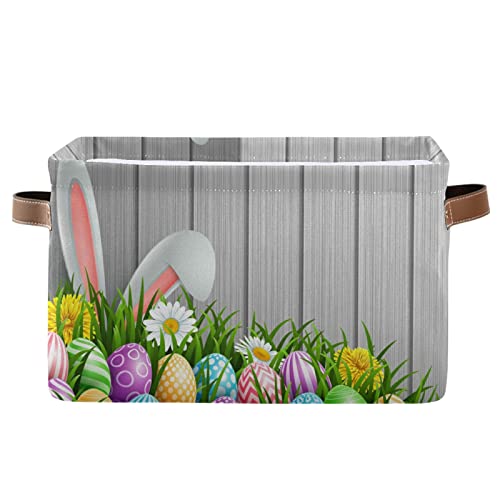 senya Easter Storage Basket with Handles, Easter Bunny Ears Flowers Wood Large Foldable Fabric Collapsible Storage Bins Organizer Bag for Storage Toy Storage