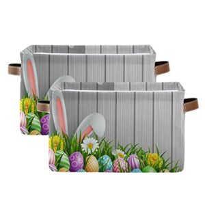 senya Easter Storage Basket with Handles, Easter Bunny Ears Flowers Wood Large Foldable Fabric Collapsible Storage Bins Organizer Bag for Storage Toy Storage