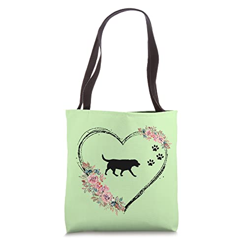 Black Lab With Paw Prints And Flowers On Green Tote Bag