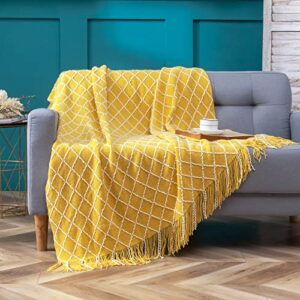 quiltina boho knitted throw blanket for couch, 700gsm soft bed throw with tassel for all seasons, lightweight spring/summer blanket, suitable for decoration and outdoor use (54″x67″ yellow)