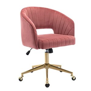 home office chair swivel velvet desk chair accent armchair upholstered modern tufted chairs with gold base for girls women ergonomic study seat computer task stools for living room(rose)