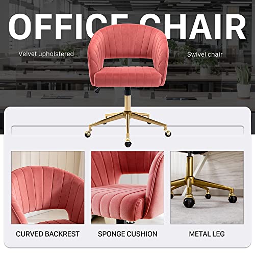 Home Office Chair Swivel Velvet Desk Chair Accent Armchair Upholstered Modern Tufted Chairs with Gold Base for Girls Women Ergonomic Study Seat Computer Task Stools for Living Room(Rose)