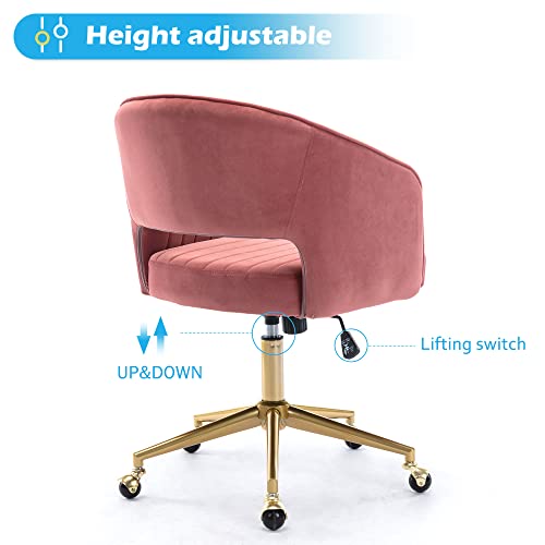 Home Office Chair Swivel Velvet Desk Chair Accent Armchair Upholstered Modern Tufted Chairs with Gold Base for Girls Women Ergonomic Study Seat Computer Task Stools for Living Room(Rose)