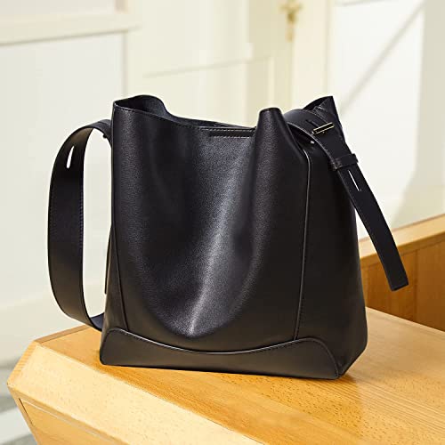 Split Cowhide Shoulder Bag for Women Bucket Purse Lady Leather Designer Handbag Tote (Black 1)