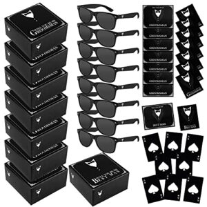 40 pieces groomsmen proposal box set of 8 groomsmen box 8x8x4 inch with 8 will you be my groomsman labels and 8 groomsmen proposal cards 8 sunglasses （7 groomsmen, 1 best men ）and 8 poker card beer bottle opener cap