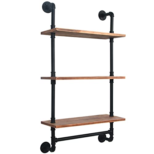 HouseAid Industrial Pipe Floating Shelves with Towel Bar, 24 Inch Farmhouse Vintage Style Shelf for Bathroom, Wall Mounted, Matte Black (3 Tiers)