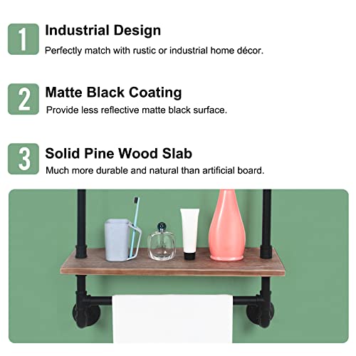 HouseAid Industrial Pipe Floating Shelves with Towel Bar, 24 Inch Farmhouse Vintage Style Shelf for Bathroom, Wall Mounted, Matte Black (3 Tiers)