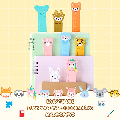 HOTOP 36 Pcs Cute Animal Funny Bookmarks for Kids PVC Cartoon Kawaii Bookmark with Ruler Office School Gift Ideas Stationery Reading Accessories Book Lovers