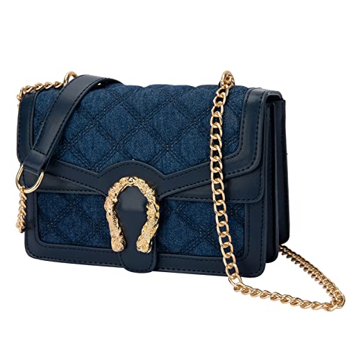 Aiqudou Quilted Crossbody Shoulder Bag for Women - Small Denim Chain Purse Leather Strap Fashion Casual Messenger Purse Bag(Denim Blue)