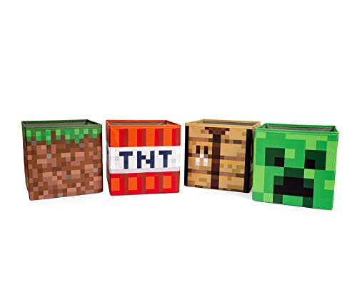 Minecraft 10-Inch Storage Set of 4 Bins | Includes Creeper, TNT, Grass, Crafting Table | Fabric Basket Container, Cubby Closet Organizer, Home Decor for Playroom | Video Game Gifts And Collectibles