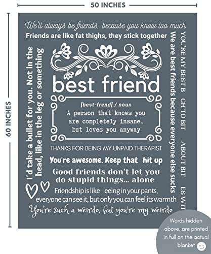 FILO ESTILO Funny Best Friend Birthday Gifts for Women, Best Friend Blanket, Unique Friendship Throw Full of Fun Gag Quotes and Sayings for Bestie, BFF, Long Distance 60x50 Inches (Grey, Fleece)