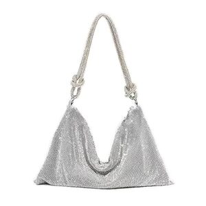 women dinner party rhinestone slouchy shoulder bag evening handbag luxury clutch crystal diamonds bling wedding purse (silver rhinestone)