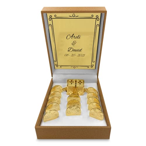 Customizable Wedding Unity Coins 24K Gold Plated with Case, Treasure Box, Arras Matrimoniales (Virgen)