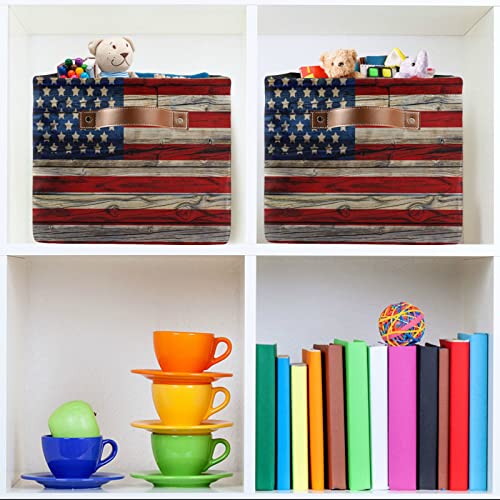 American Flag Wooden Patriotic Storage Basket Bin USA Flag 4th of July Large Fabric Toys Storage Box Cube with Handles Foldable Closet Shelf Cloth Organizer Baskets Decor for Shelves Nursery Bedroom