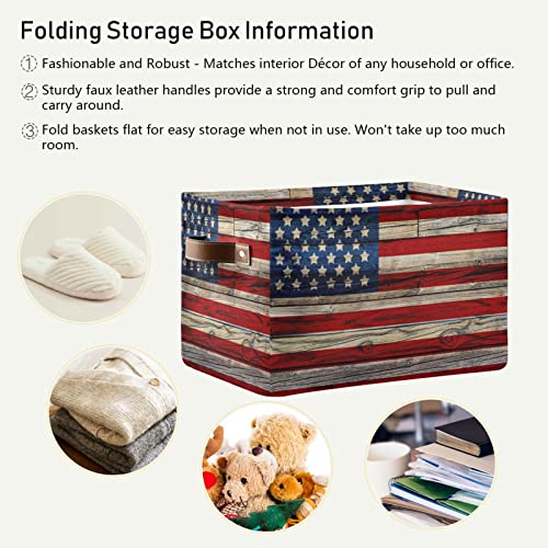 American Flag Wooden Patriotic Storage Basket Bin USA Flag 4th of July Large Fabric Toys Storage Box Cube with Handles Foldable Closet Shelf Cloth Organizer Baskets Decor for Shelves Nursery Bedroom