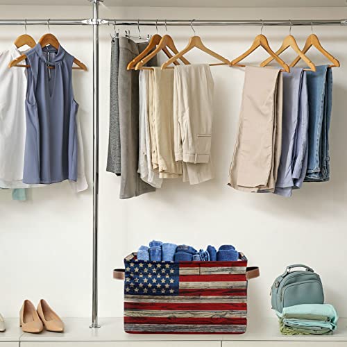 American Flag Wooden Patriotic Storage Basket Bin USA Flag 4th of July Large Fabric Toys Storage Box Cube with Handles Foldable Closet Shelf Cloth Organizer Baskets Decor for Shelves Nursery Bedroom