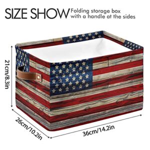 American Flag Wooden Patriotic Storage Basket Bin USA Flag 4th of July Large Fabric Toys Storage Box Cube with Handles Foldable Closet Shelf Cloth Organizer Baskets Decor for Shelves Nursery Bedroom