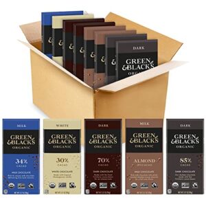 green & black’s organic chocolate variety pack, 85% dark chocolate, 70% dark chocolate, milk chocolate, milk chocolate with almonds & white chocolate, 8 – 3.17 oz bars