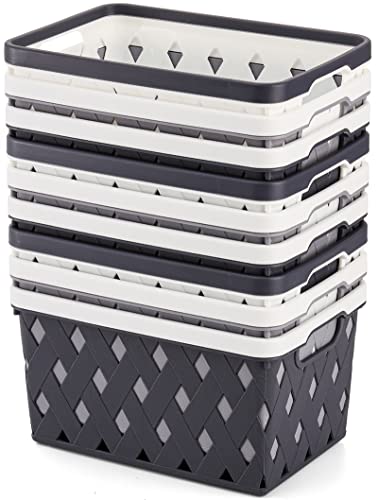 Yesland 9 Pack Plastic Storage Basket Bins, 8.5 x 5.8 x 4.8 Inch Organizing Book Bins Baskets with Handle, Small Stackable Plastic Basket for Classroom or Home Organizing - Blue, White, Grey