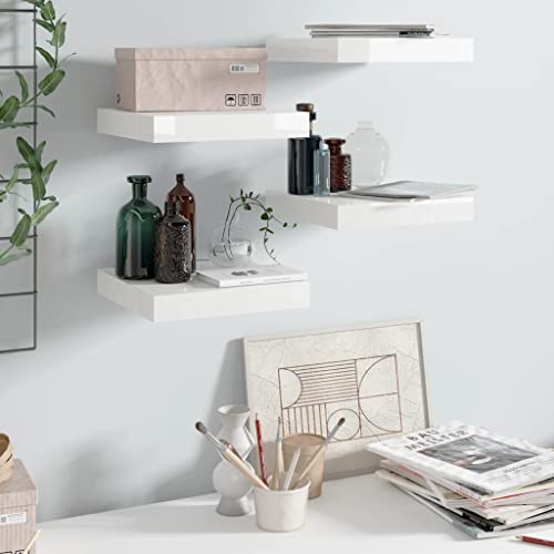 FAMIROSA 4PCS Floating Wall Shelves, High Gloss White Wall Mounted Shelves with Invisible Brackets for Bedroom Living Room Bathroom Kitchen, Shelves for Wall Decor Storage, 9.1" x 9.3" x 1.5"