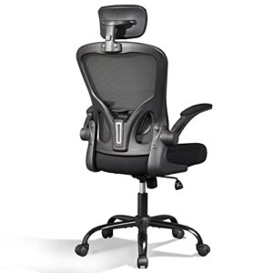 devaise mesh computer office chair, high back ergonomic desk chair with flip-up armrests and adjustable headrest, backrest and lumbar support, black