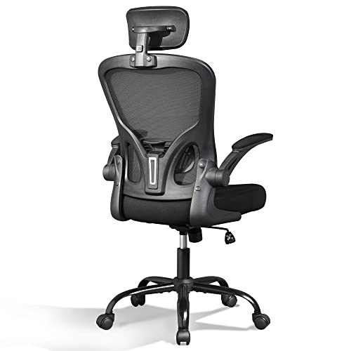 DEVAISE Mesh Computer Office Chair, High Back Ergonomic Desk Chair with Flip-up Armrests and Adjustable Headrest, Backrest and Lumbar Support, Black