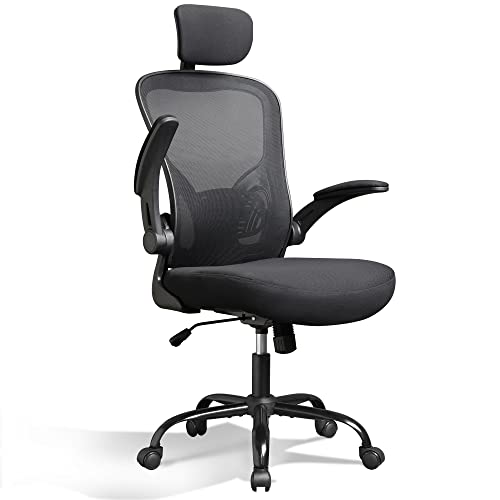 DEVAISE Mesh Computer Office Chair, High Back Ergonomic Desk Chair with Flip-up Armrests and Adjustable Headrest, Backrest and Lumbar Support, Black