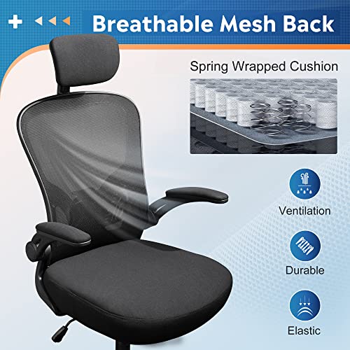 DEVAISE Mesh Computer Office Chair, High Back Ergonomic Desk Chair with Flip-up Armrests and Adjustable Headrest, Backrest and Lumbar Support, Black