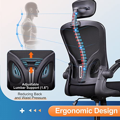 DEVAISE Mesh Computer Office Chair, High Back Ergonomic Desk Chair with Flip-up Armrests and Adjustable Headrest, Backrest and Lumbar Support, Black