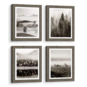 nature landscape framed wall art: home office bedroom living room bathroom modern foggy mountain painting country black misty forest picture pine tree woodland lake scene print wildlife animal deer artwork