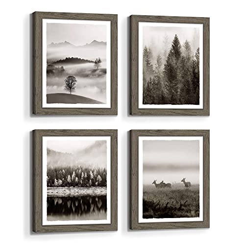 Nature Landscape Framed Wall Art: Home Office Bedroom Living Room Bathroom Modern Foggy Mountain Painting Country Black Misty Forest Picture Pine Tree Woodland Lake Scene Print Wildlife Animal Deer Artwork