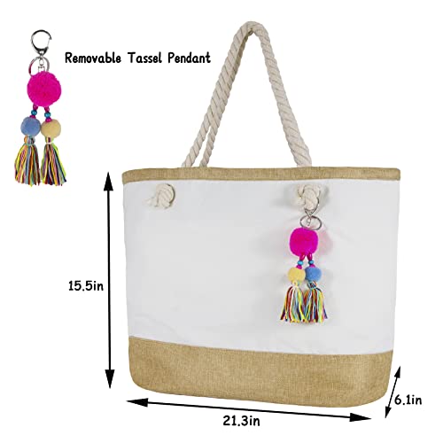 Hibala Large Beach Bag Beach Tote Weaving Shoulder Bag Tassel Bag Handbag with Pockets Zippers for Family Beach Vacation (Classic Tassel)