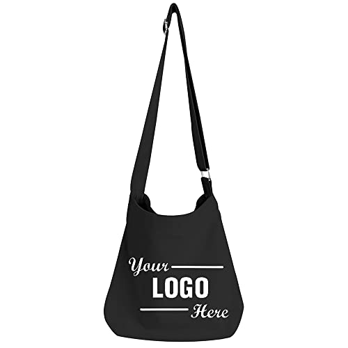 TOPTIE Custom Black Canvas Hobo Tote Bag with Logo, Personalized Crossbody Bag for School, Large Shoulder Bag