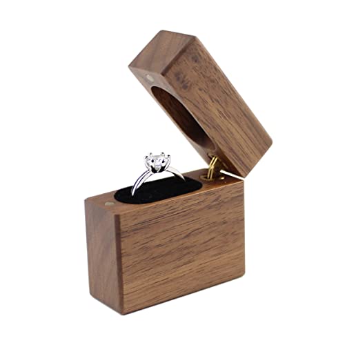 Wooden Slim Proposal Engagement Ring Box, Walnut Flip Lid Ring Box for Proposal Wedding Ring Storage