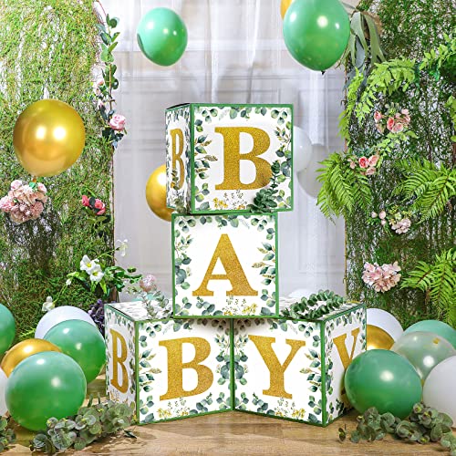 4 Pieces Sage Green Baby Boxes Decoration Baby Shower Backdrop Blocks Gender Reveal Photo Props Greenery Eucalyptus Leaves Gold White Baby Shower Favors Decorations Baby Boxes with Letters for Decor