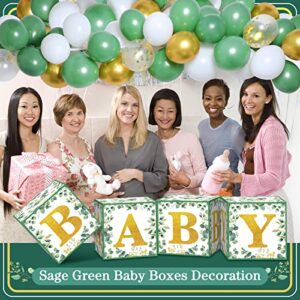 4 Pieces Sage Green Baby Boxes Decoration Baby Shower Backdrop Blocks Gender Reveal Photo Props Greenery Eucalyptus Leaves Gold White Baby Shower Favors Decorations Baby Boxes with Letters for Decor