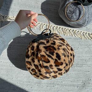 Fur Round Top Handle Bag Women Purse Ring Handle Clutch Chain Shoulder Handbag (Leopard Print)