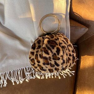 Fur Round Top Handle Bag Women Purse Ring Handle Clutch Chain Shoulder Handbag (Leopard Print)