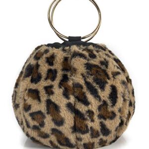 Fur Round Top Handle Bag Women Purse Ring Handle Clutch Chain Shoulder Handbag (Leopard Print)