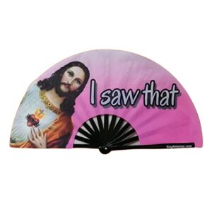 gay pride large folding fans, 13″ bamboo fan with uv reactive ink, for lgbtq circuit parties and raves (jesus – i saw that!)