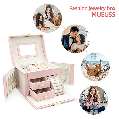 MUEUSS Jewelry Organizer Box for Girls Women Ideal Gift, Travel Portable Jewelry Case with Mirror and Lock For Necklace Earrings Rings Bracelets(Pink)