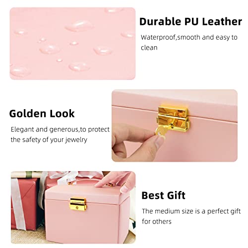 MUEUSS Jewelry Organizer Box for Girls Women Ideal Gift, Travel Portable Jewelry Case with Mirror and Lock For Necklace Earrings Rings Bracelets(Pink)