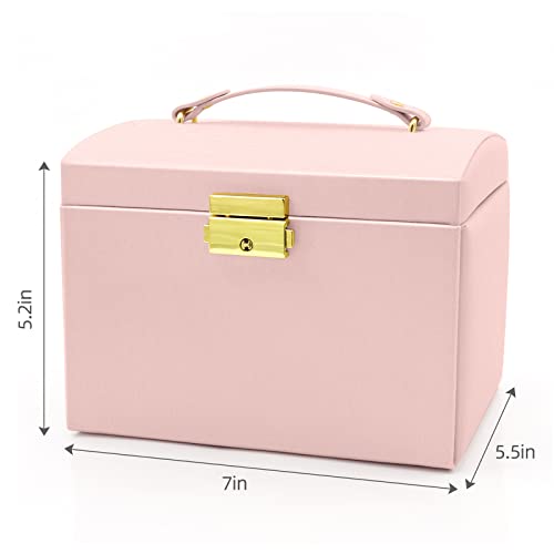 MUEUSS Jewelry Organizer Box for Girls Women Ideal Gift, Travel Portable Jewelry Case with Mirror and Lock For Necklace Earrings Rings Bracelets(Pink)