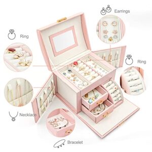 MUEUSS Jewelry Organizer Box for Girls Women Ideal Gift, Travel Portable Jewelry Case with Mirror and Lock For Necklace Earrings Rings Bracelets(Pink)